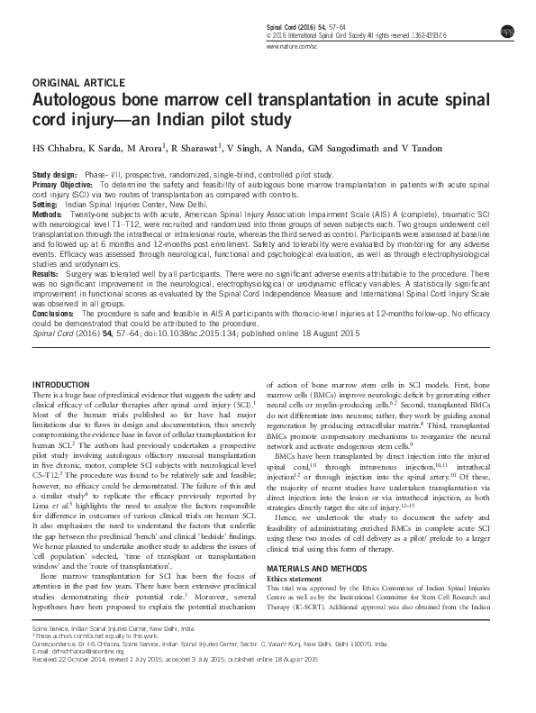 (PDF) Autologous bone marrow cell transplantation in acute spinal cord ...
