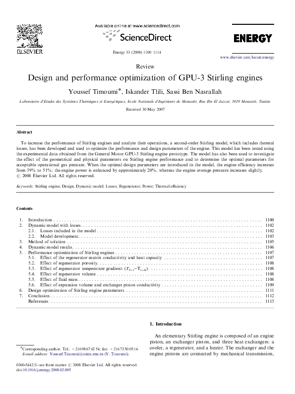 (PDF) Design and performance optimization of GPU-3 Stirling engines