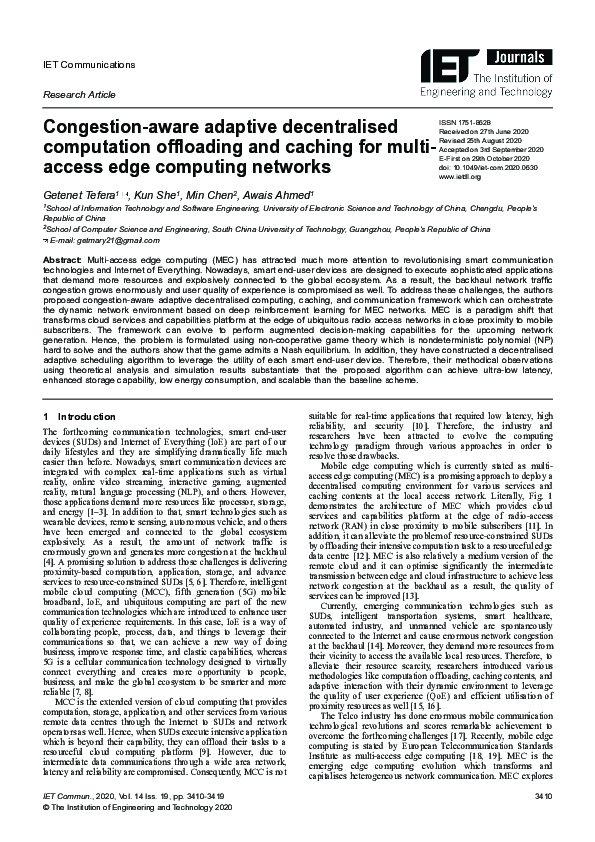 (PDF) Congestion‐aware adaptive decentralised computation offloading and caching for multi ...