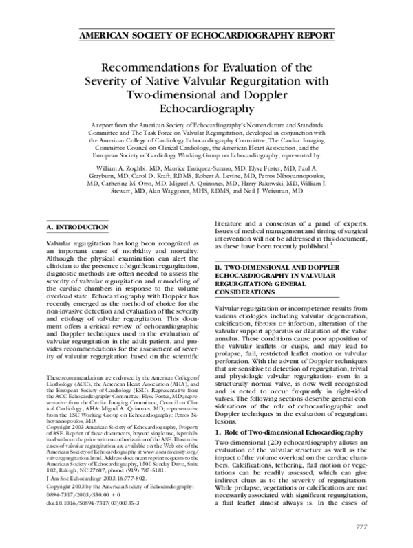 (PDF) Recommendations for evaluation of the severity of native valvular regurgitation with two ...