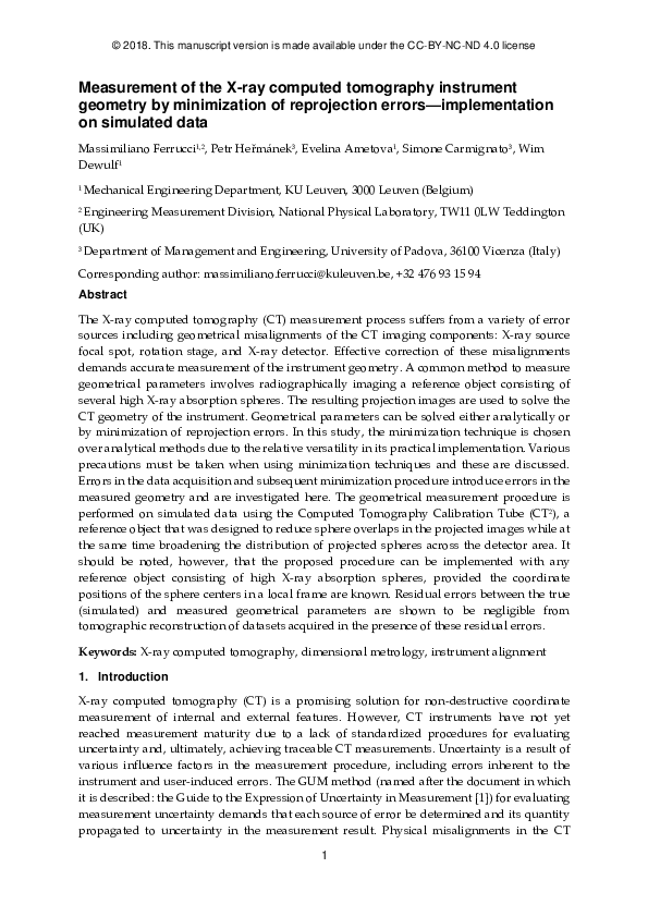 (PDF) Measurement of the X-ray computed tomography instrument geometry by minimization of ...