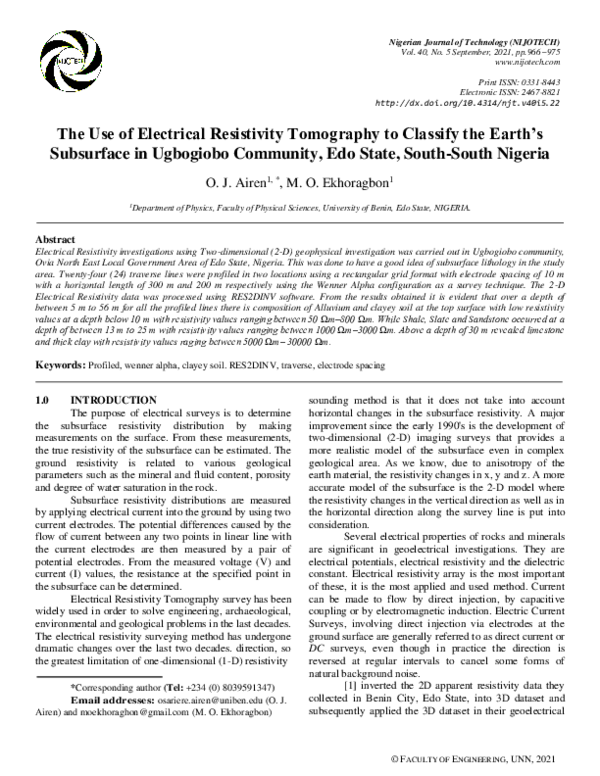 Pdf The Use Of Electrical Resistivity Tomography To Classify The Earths Subsurface In