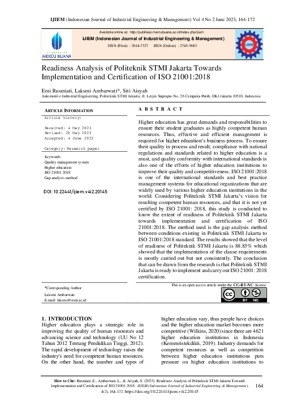 (PDF) Readiness Analysis of Politeknik STMI Jakarta Towards ...