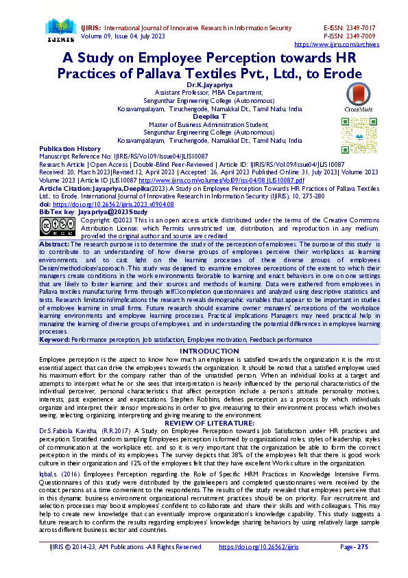 (PDF) A Study on Employee Perception towards HR Practices of Pallava ...