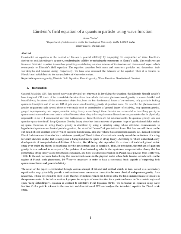 (PDF) Einstein’s field equation of a quantum particle using wave function