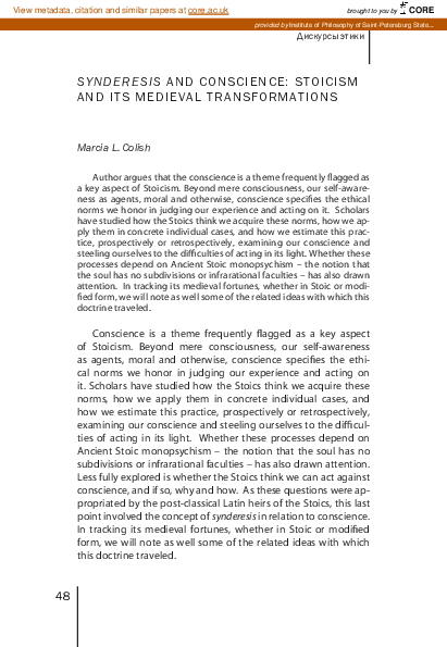 (PDF) Synderesis and Conscience: Stoicism and its Medieval Transformations