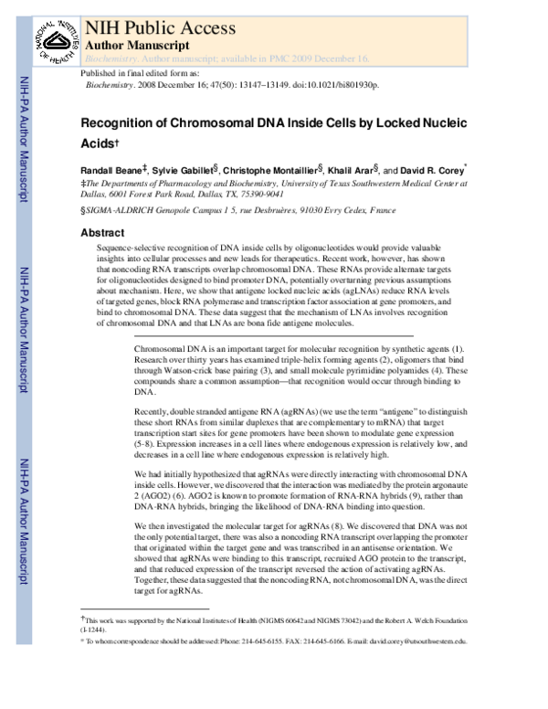 (PDF) Recognition of Chromosomal DNA inside Cells by Locked Nucleic Acids