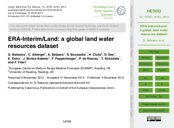 (PDF) ERA-Interim/Land: a global land water resources dataset