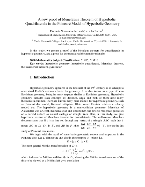 (PDF) A New Proof of Menelaus's Theorem of Hyperbolic Quadrilaterals in ...