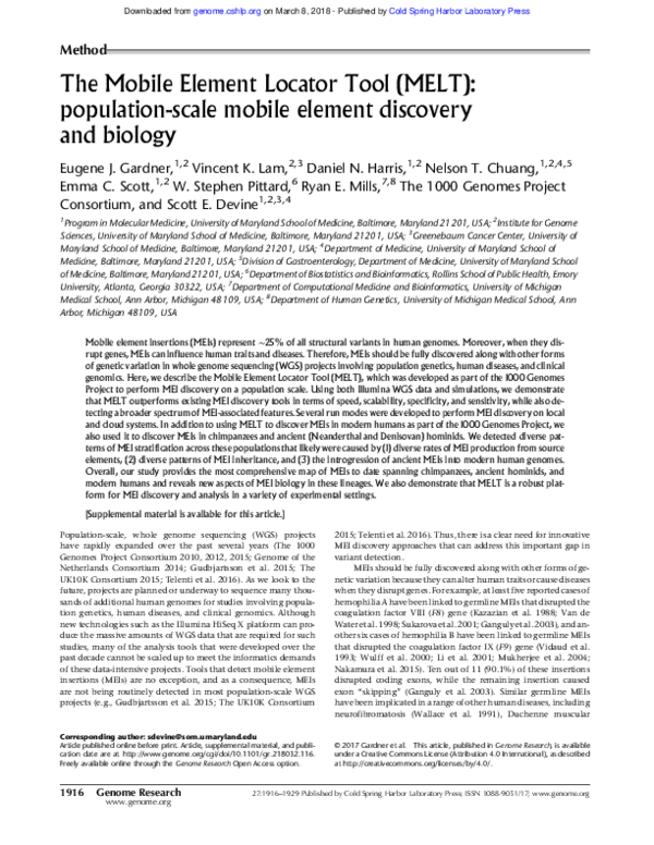 (PDF) The Mobile Element Locator Tool (MELT): Population-scale mobile ...