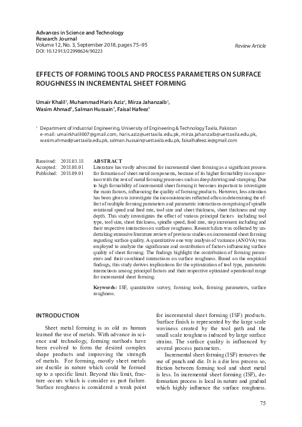(PDF) Effects of Forming Tools and Process Parameters on Surface Roughness in Incremental Sheet ...