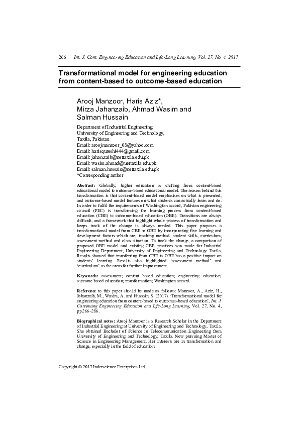 (PDF) Transformational Model for Engineering Education from Content-Based to Outcomes-Based ...