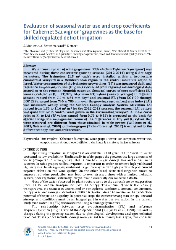 (PDF) Evaluation of seasonal water use and crop coefficients for ‘Cabernet Sauvignon’ grapevines ...