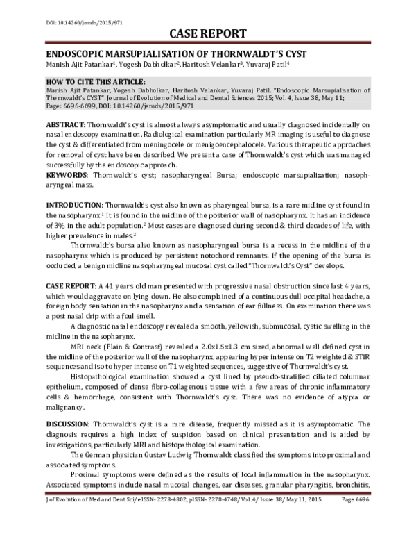 (PDF) Endoscopic Marsupialisation of Thornwaldt’s Cyst