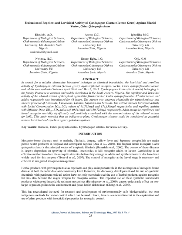 (PDF) Evaluation of Repellent and Larvicidal Activity of Cymbopogon Citratus (Lemon Grass ...