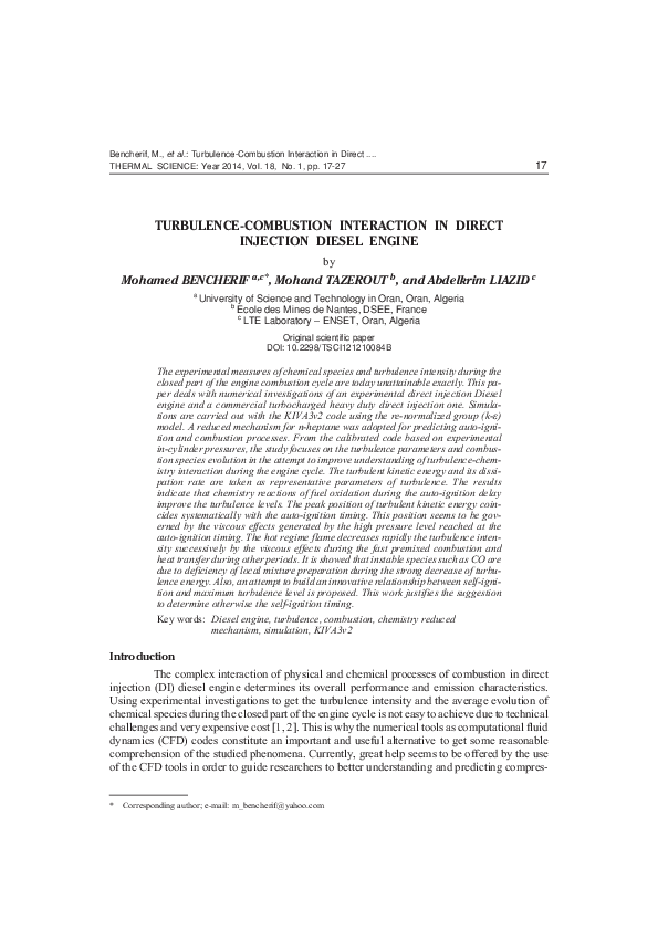 (PDF) Turbulence-combustion interaction in direct injection diesel engine