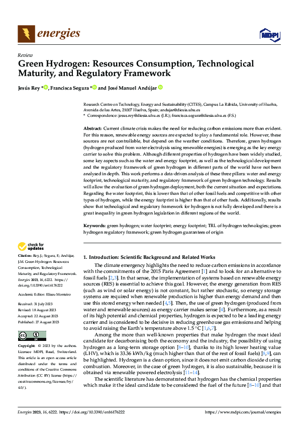 (PDF) Green Hydrogen: Resources Consumption, Technological Maturity, and Regulatory Framework