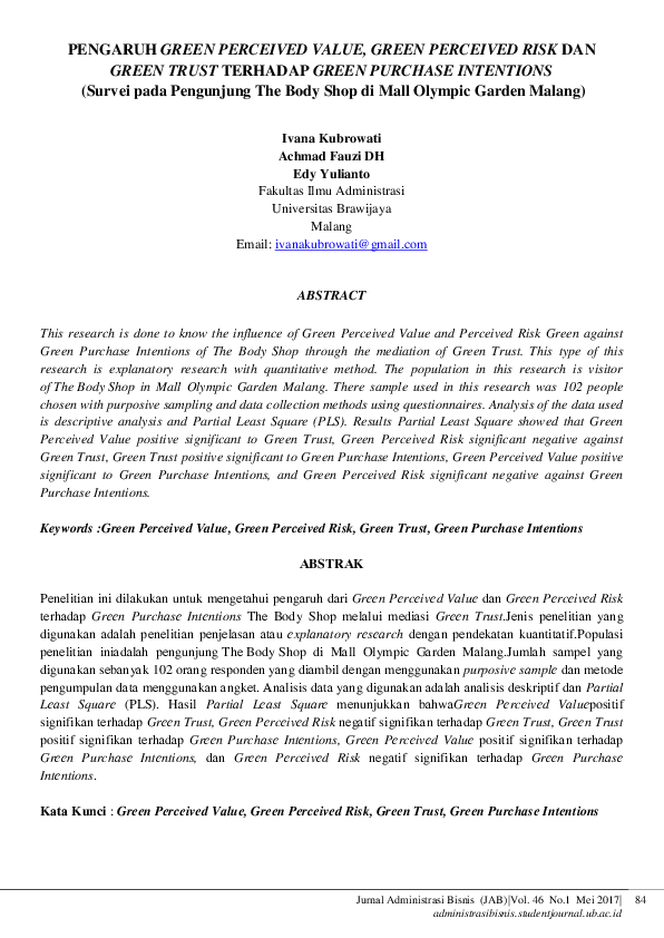(PDF) Pengaruh Green Perceived Value, Green Perceived Risk Dan Green Trust Terhadap Green ...