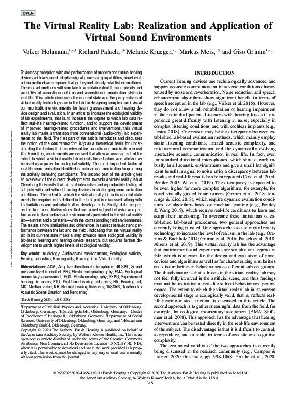 (PDF) The Virtual Reality Lab: Realization and Application of Virtual Sound Environments ...
