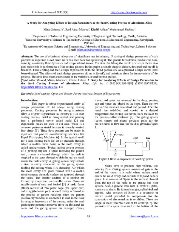 (PDF) A Study for Analyzing Effects of Design Parameters in the Sand Casting Process of Aluminum ...