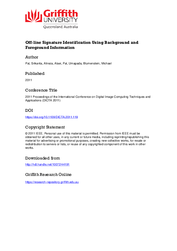 Pdf Off Line Signature Identification Using Background And Foreground Information Srikanta