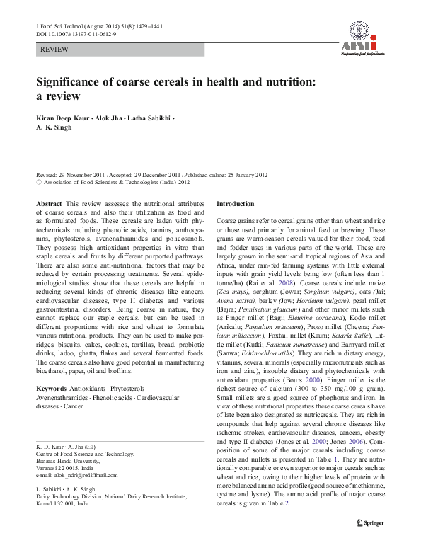 (PDF) Significance of coarse cereals in health and nutrition: a review