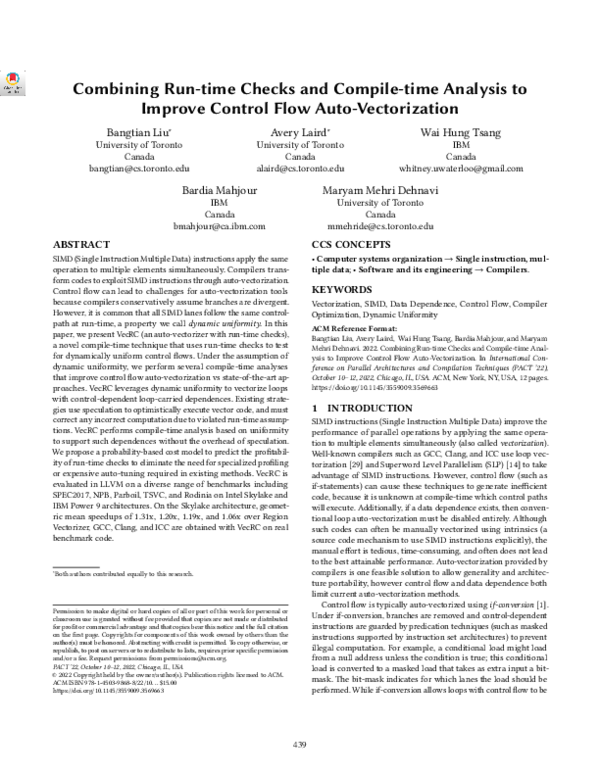Pdf Combining Run Time Checks And Compile Time Analysis To Improve Control Flow Auto Vectorization 