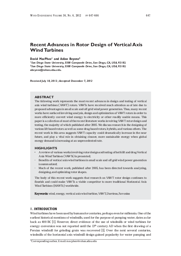 (PDF) Recent Advances in Rotor Design of Vertical Axis Wind Turbines