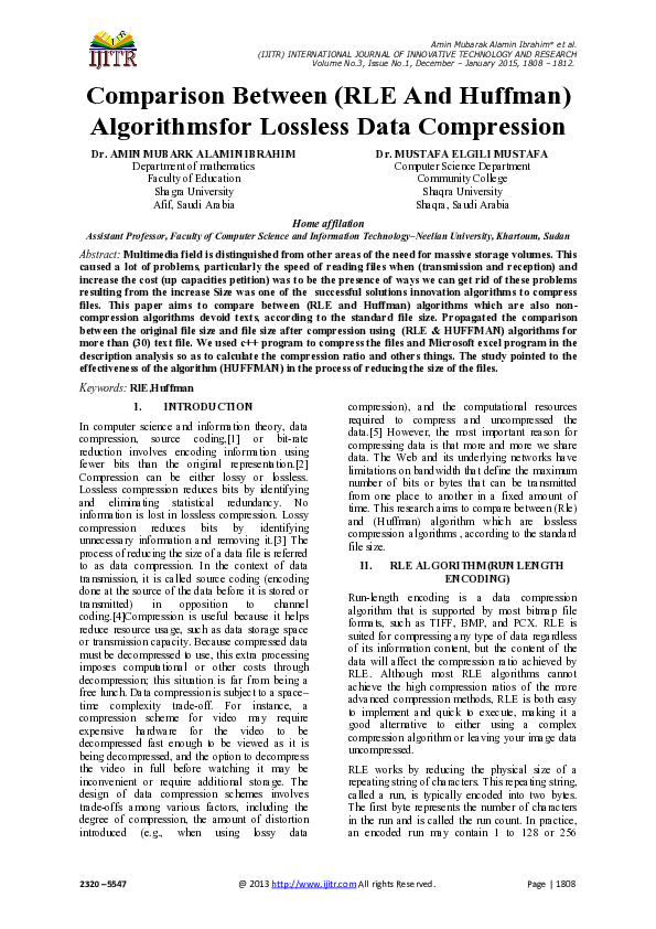 (PDF) Comparison Between (Rle and Huffman) Algorithmsfor Lossless Data Compression