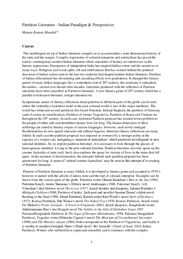 (PDF) Partition Literature : Indian Paradigmm & Perspective