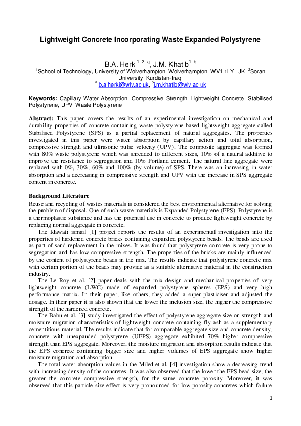 (PDF) Lightweight Concrete Incorporating Waste Expanded Polystyrene