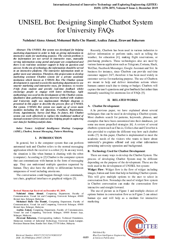 (PDF) UNISEL Bot: Designing Simple Chatbot System for University FAQs