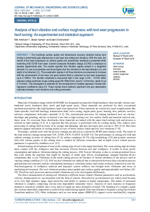 Pdf Analysis Of Tool Vibration And Surface Roughness With Tool Wear Progression In Hard