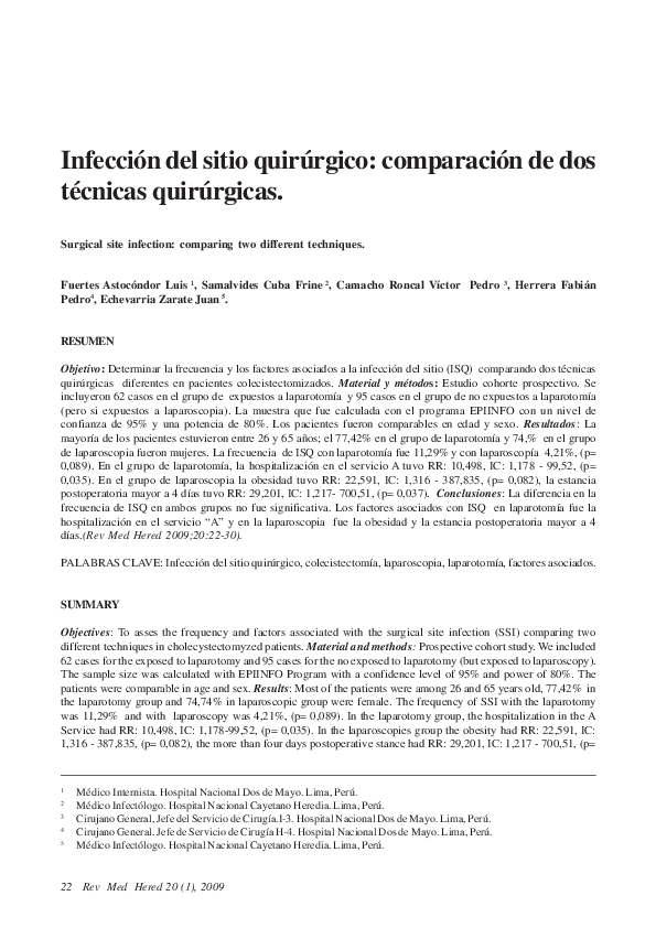 (PDF) Infección del sitio quirúrgico: comparación de dos técnicas quirúrgicas