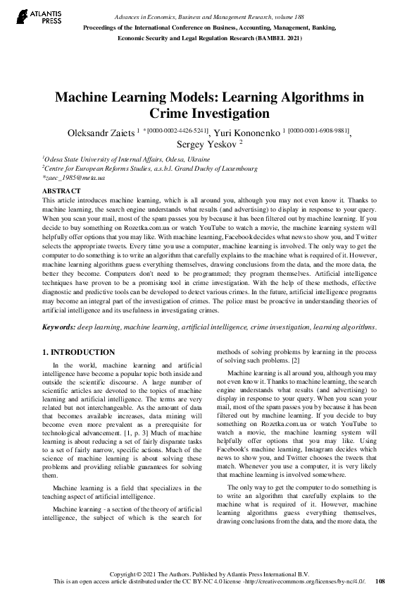 (PDF) Machine Learning Models: Learning Algorithms in Crime Investigation