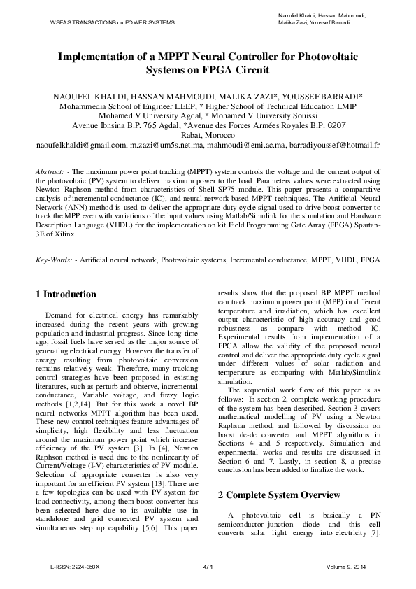 Pdf Implementation Of A Mppt Neural Controller For Photovoltaic Systems On Fpga Circuit