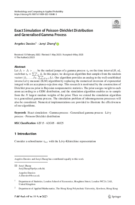 Pdf Exact Simulation Of Poisson Dirichlet Distribution And Generalised Gamma Process 