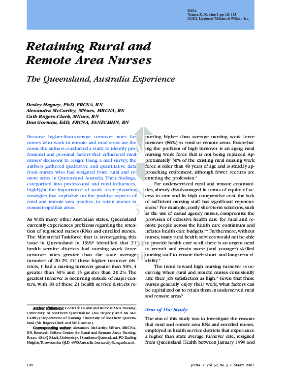 (PDF) Retaining Rural and Remote Area Nurses | Don Gorman - Academia.edu