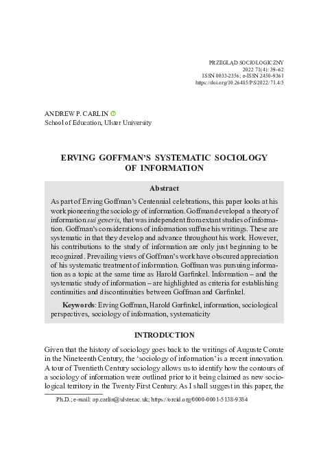 (PDF) Erving Goffman’s Systematic Sociology of Information