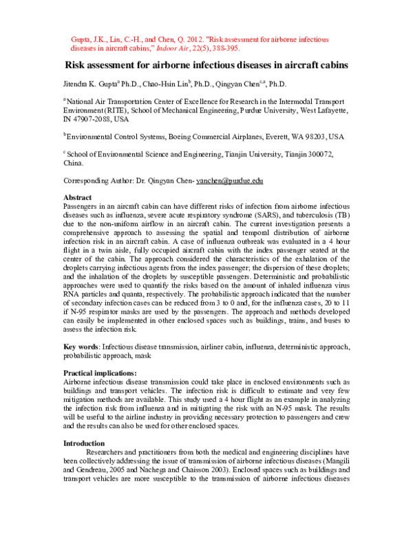 (PDF) Risk assessment of airborne infectious diseases in aircraft cabins