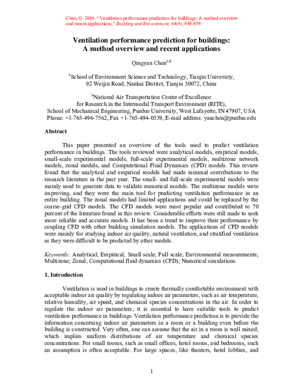 Pdf Ventilation Performance Prediction For Buildings A Method Overview And Recent Applications