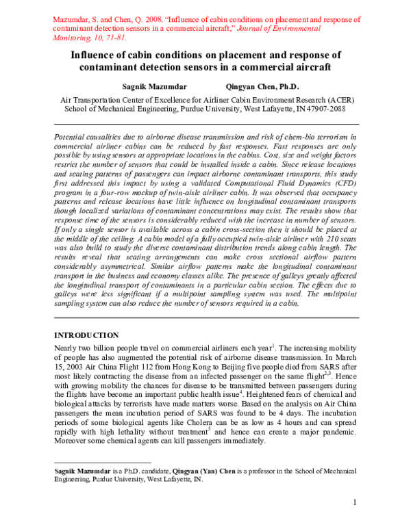 Pdf Influence Of Cabin Conditions On Placement And Response Of Contaminant Detection Sensors