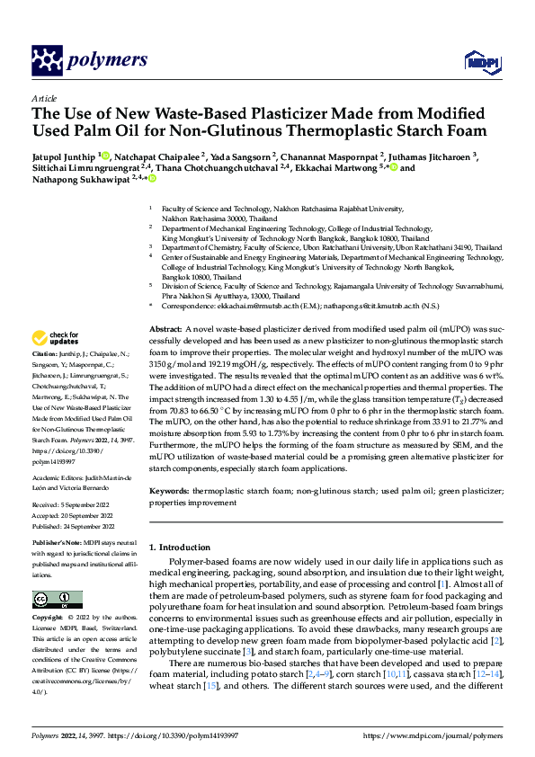 (PDF) The Use of New Waste-Based Plasticizer Made from Modified Used Palm Oil for Non-Glutinous ...