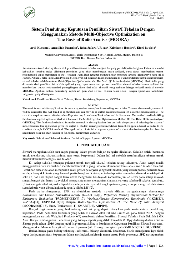 Pdf Sistem Pendukung Keputusan Pemilihan Siswa I Teladan Dengan Menggunakan Metode Multi