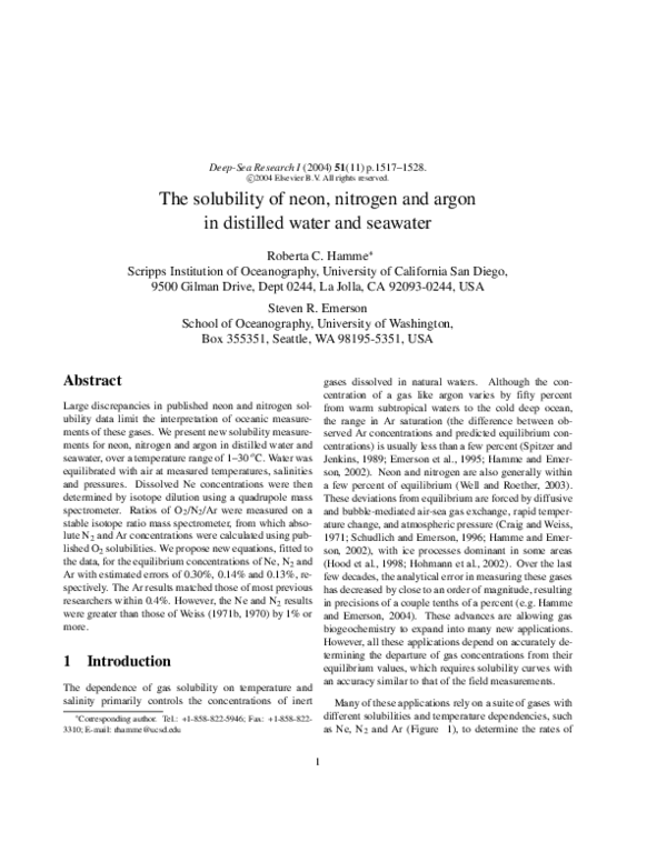 (PDF) The solubility of neon, nitrogen and argon in distilled water and ...