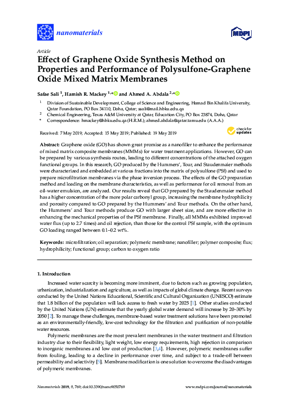 (PDF) Effect of Graphene Oxide Synthesis Method on Properties and ...