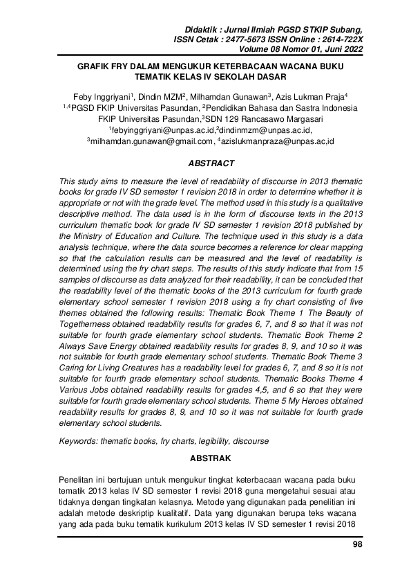 (PDF) Grafik Fry Dalam Mengukur Keterbacaan Wacana Buku Tematik Kelas ...