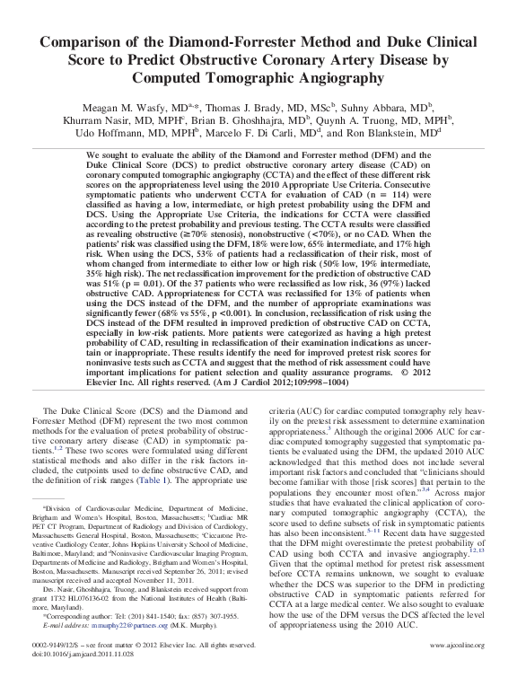 (PDF) Comparison of the Diamond-Forrester Method and Duke Clinical ...