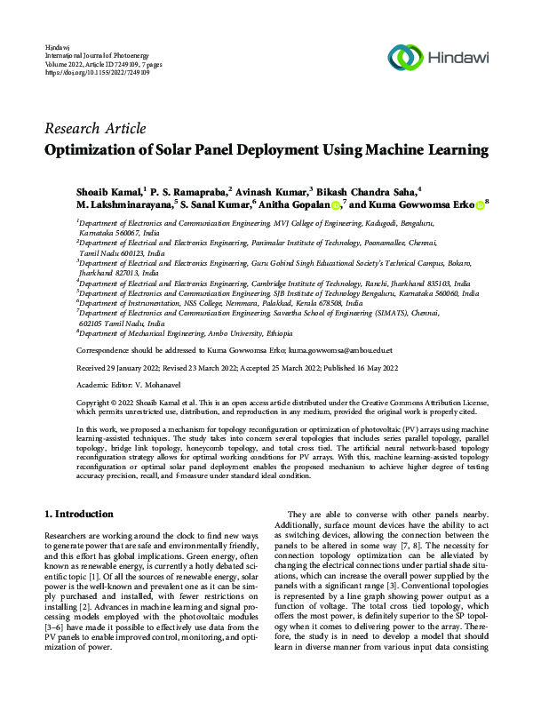 (PDF) Optimization of Solar Panel Deployment Using Machine Learning