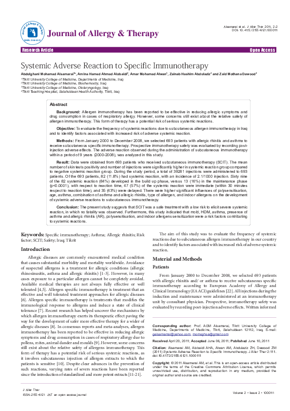 (PDF) Systemic Adverse Reaction to Specific Immunotherapy | Abdulghani ...
